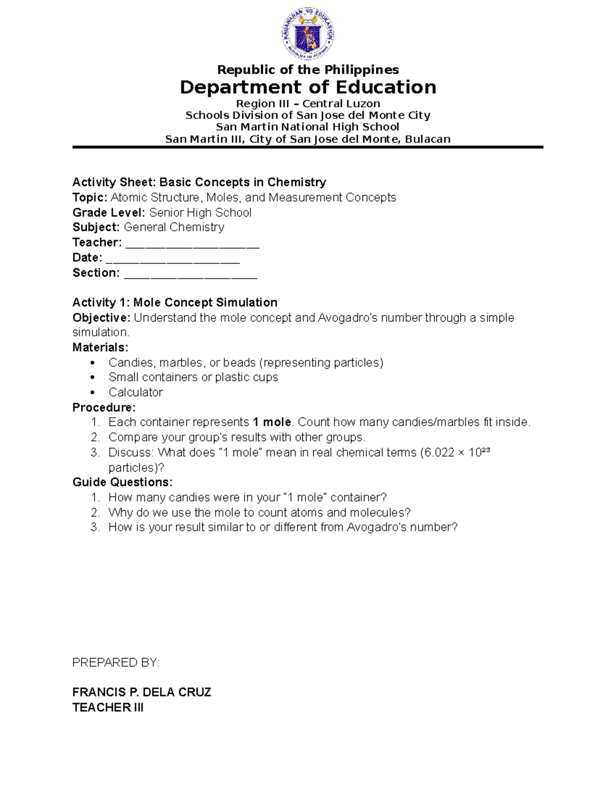Activity Sheet: Basic Concepts in Chemistry & Earth Science (Remedial ...