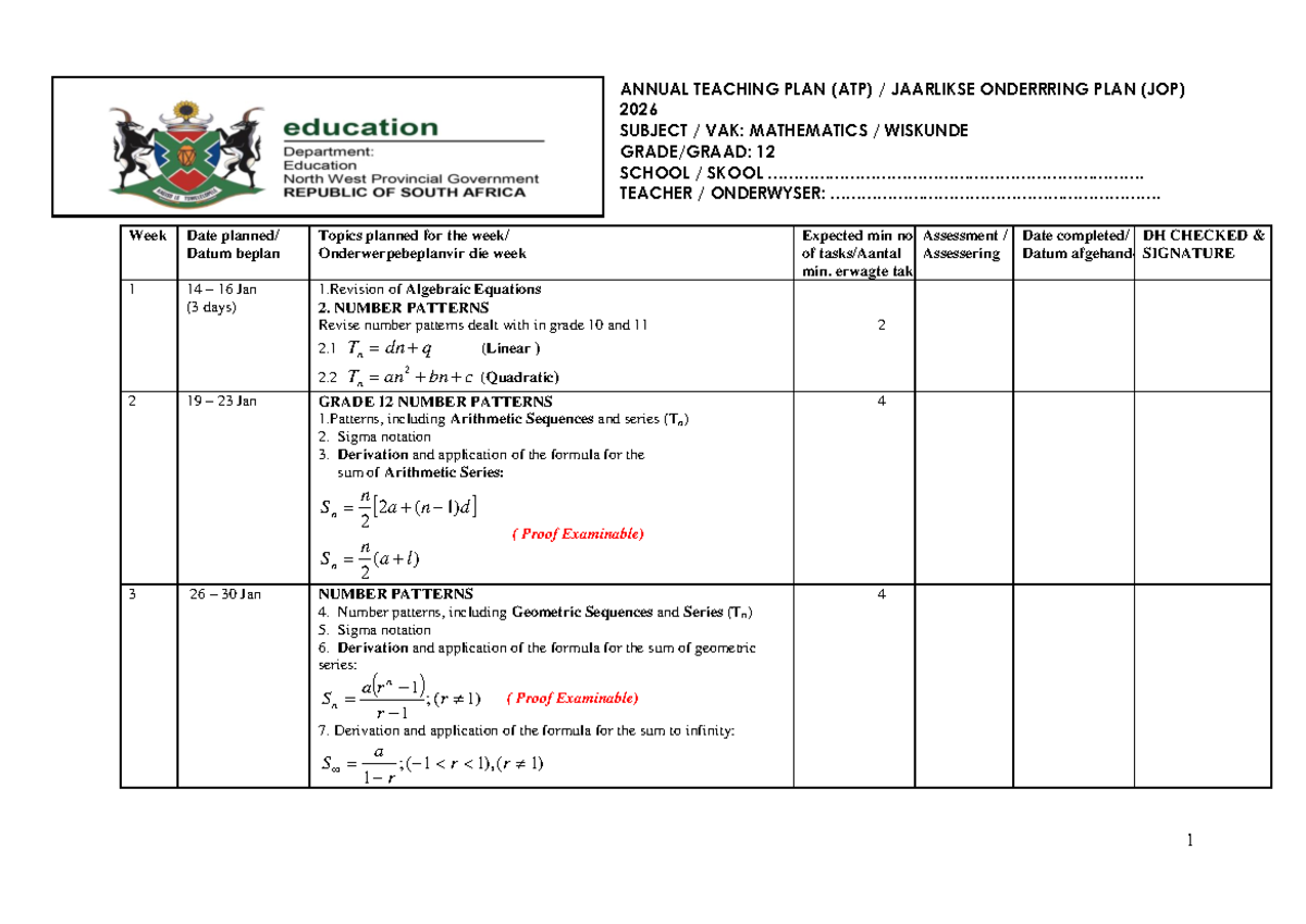 Maths Grade 12 Annual Teaching Plan (ATP) 2026 - Studocu