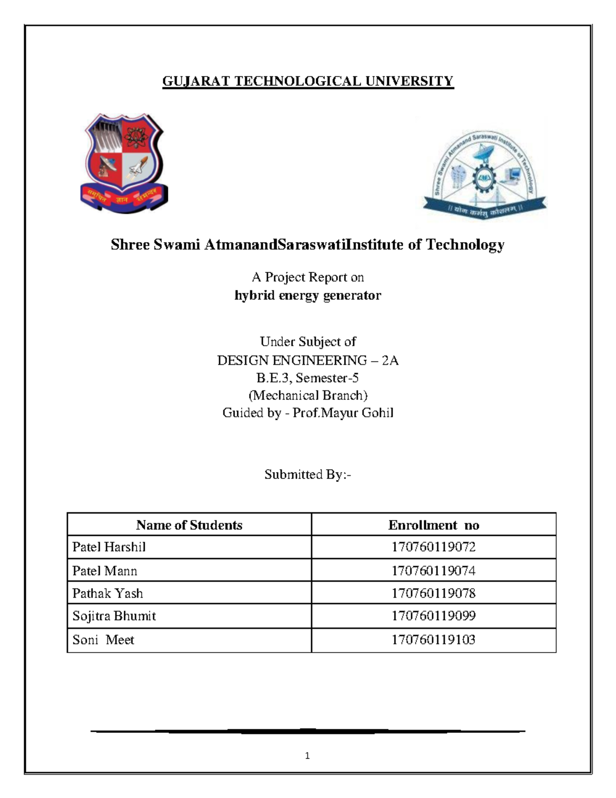 Project Report on Hybrid Energy Generator - Design Engineering 2A (Sem ...