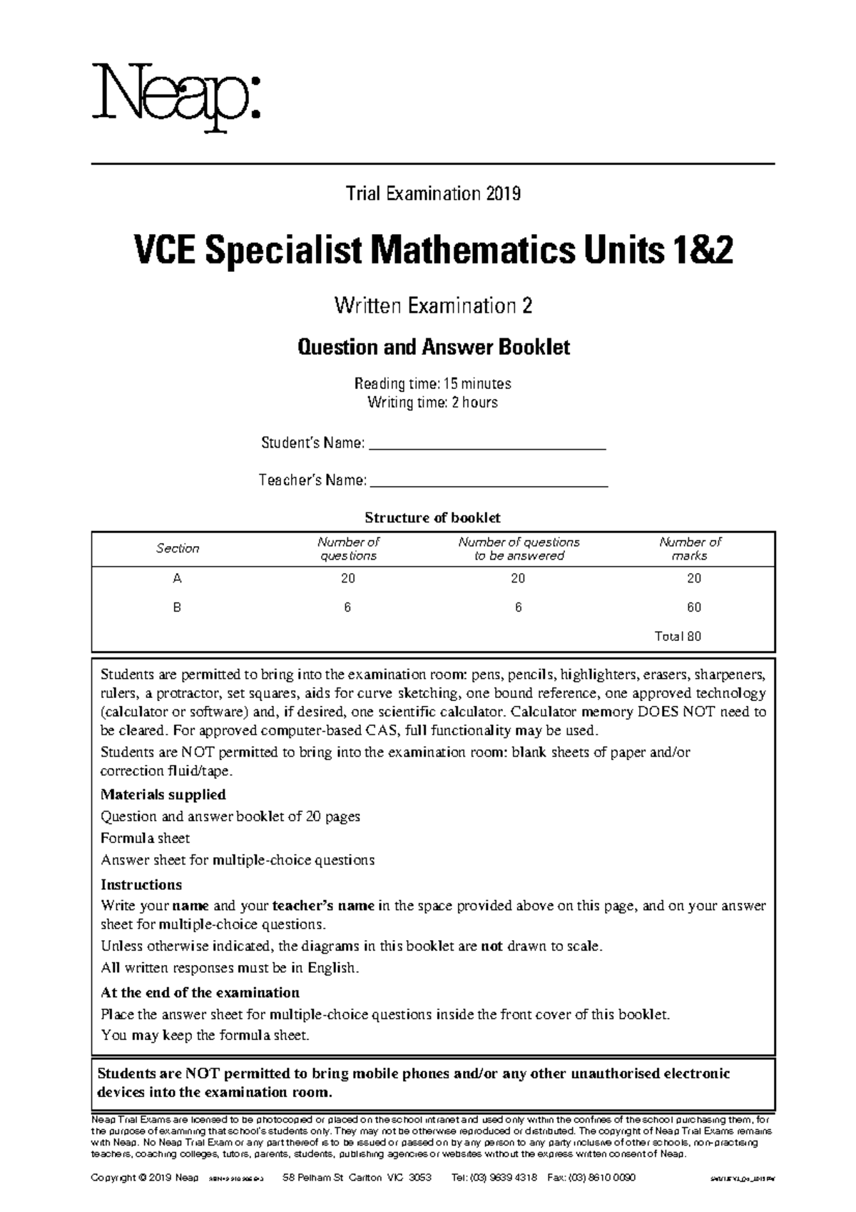VCE Specialist Mathematics Units 1&2 Final Exam 2019 Q&A Booklet - Studocu