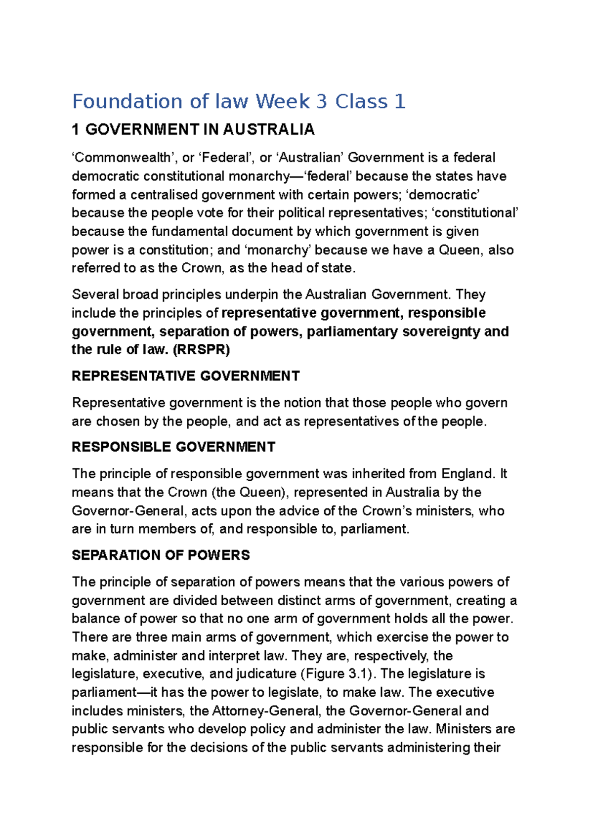 Foundation of Law: Week 3 - Government in Australia Overview - Studocu