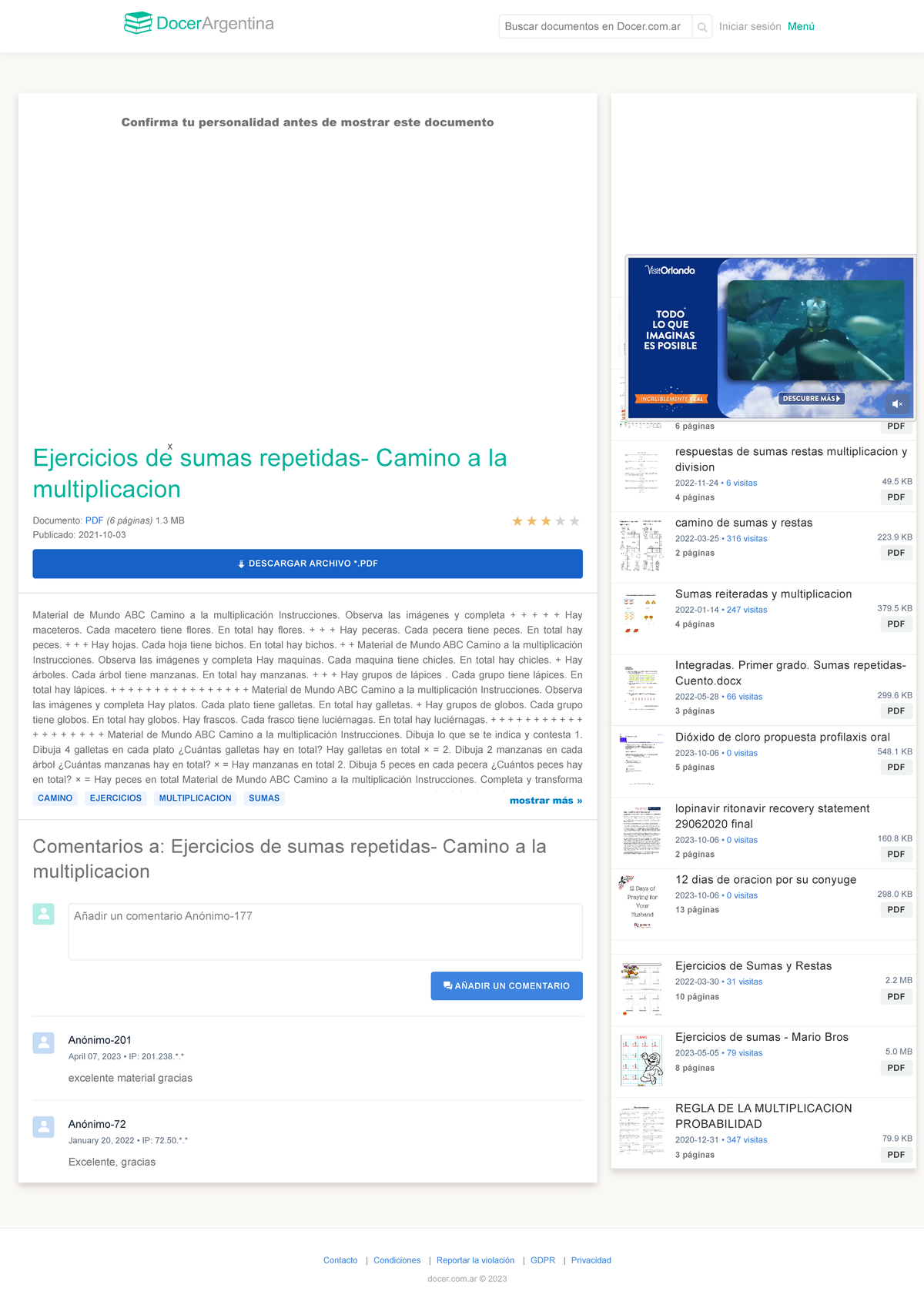 Ejercicios de sumas repetidas- Camino a la multiplicacion - pdf Docer ...