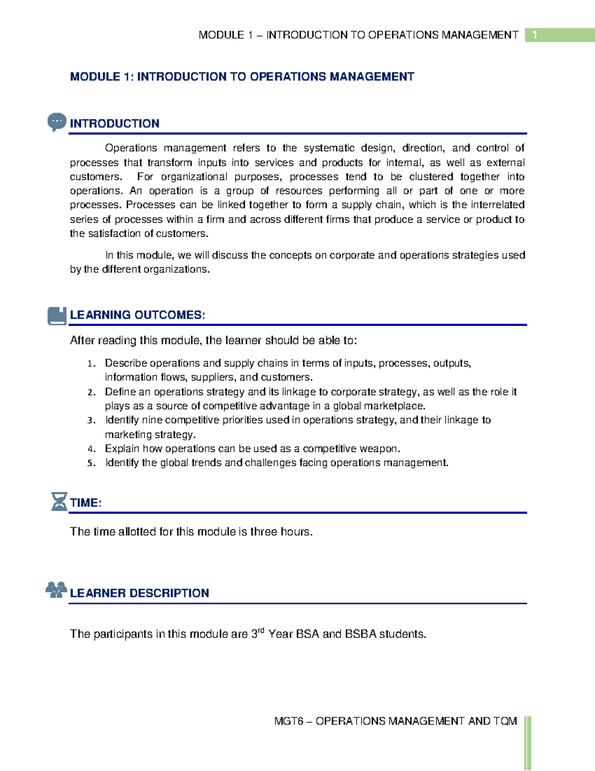 LM Module 1 - Introduction - MODULE 1: INTRODUCTION TO OPERATIONS MANAGEMENT INTRODUCTION ...