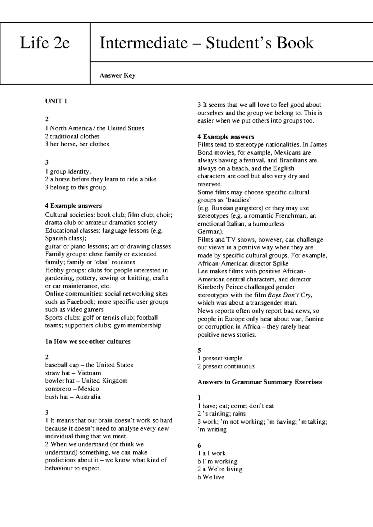 Life Intermediate Key - Answer Key and Insights on Culture - Studocu