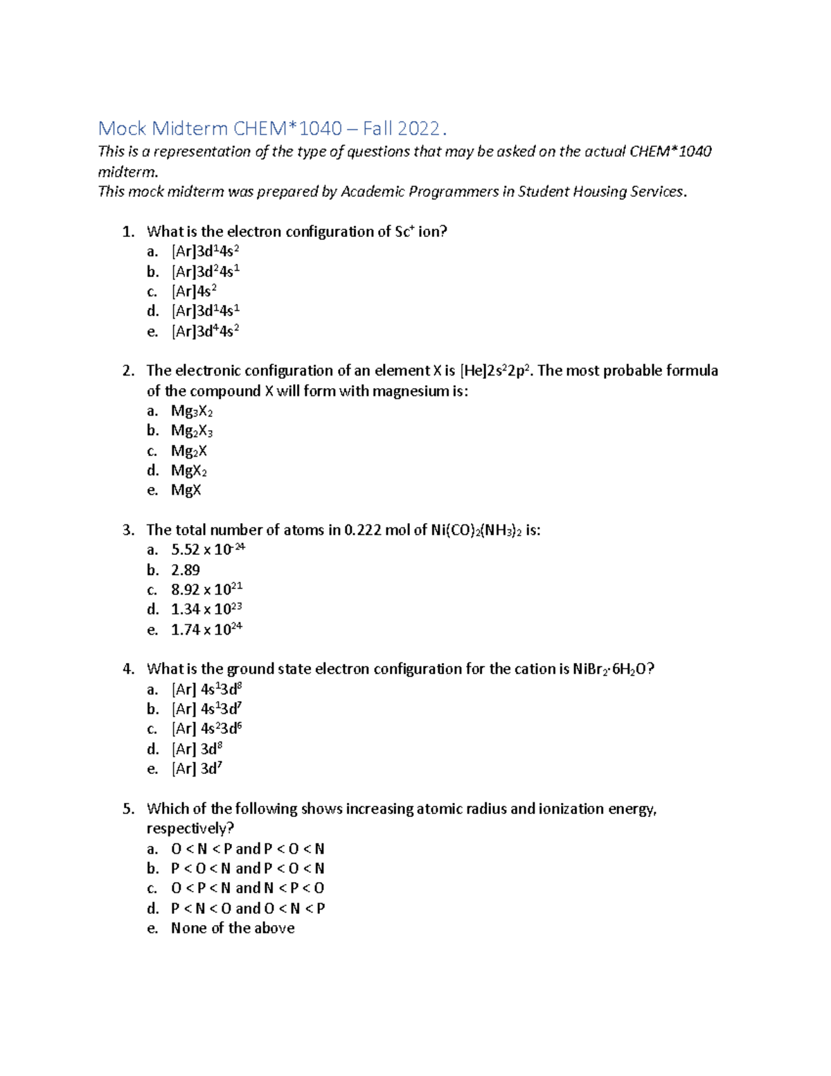 Mock Midterm CHEM* 1040 - Exam Prep for Fall 2022 - Studocu