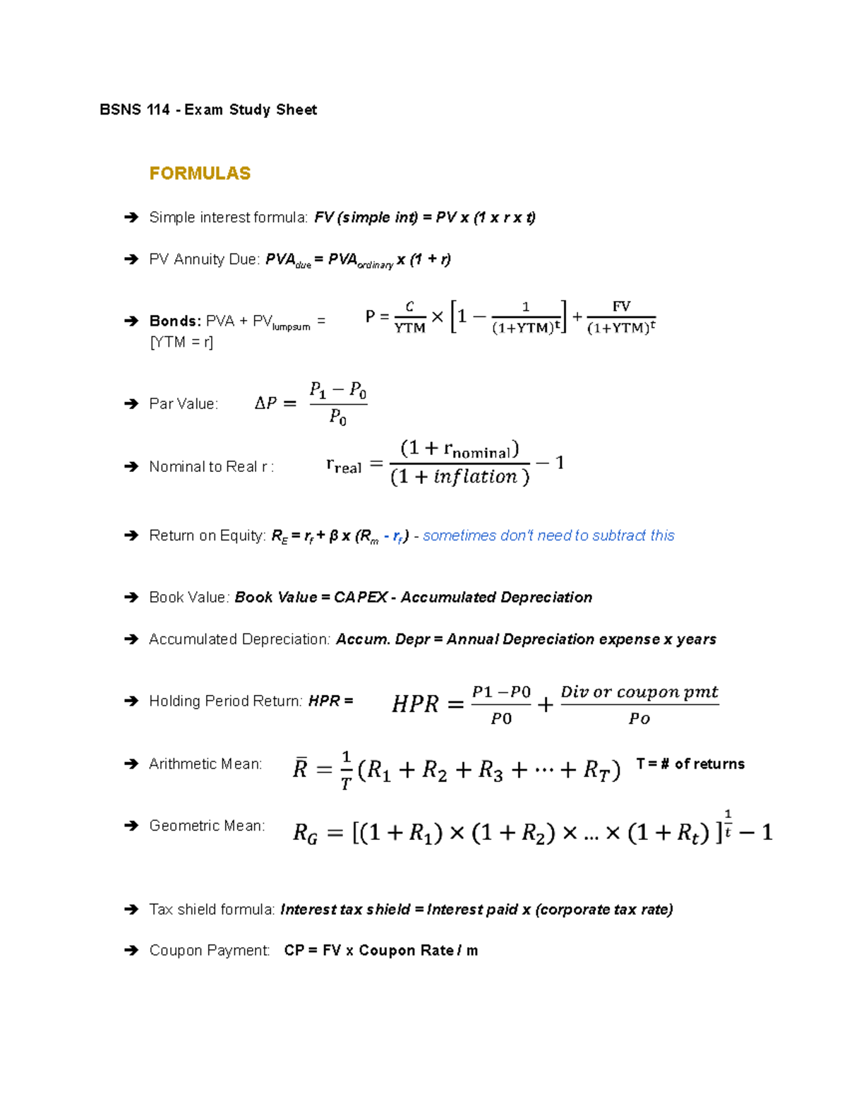 BSNS 114 - Comprehensive Exam Study Sheet and Formulas Guide - Studocu