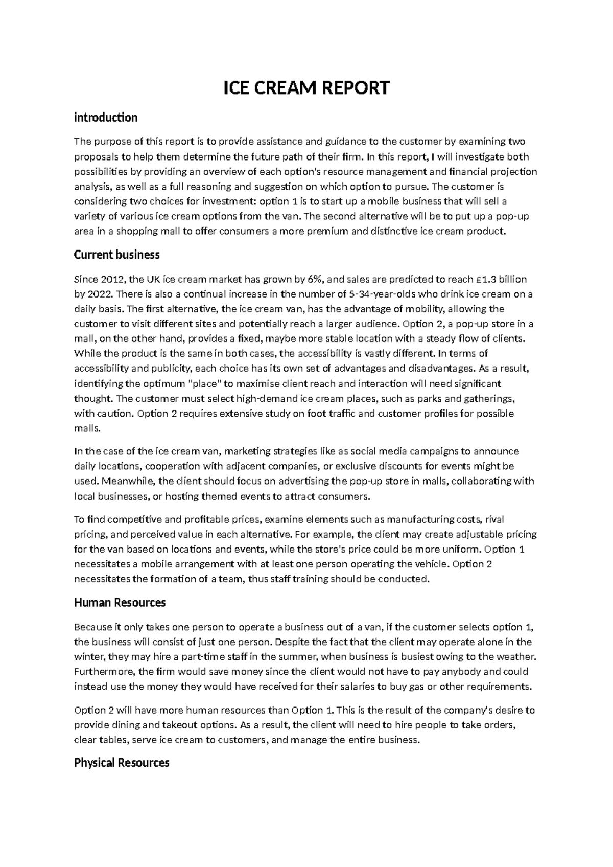ICE Cream Business Proposal Analysis - Unit 7 Level 3 Business - Studocu