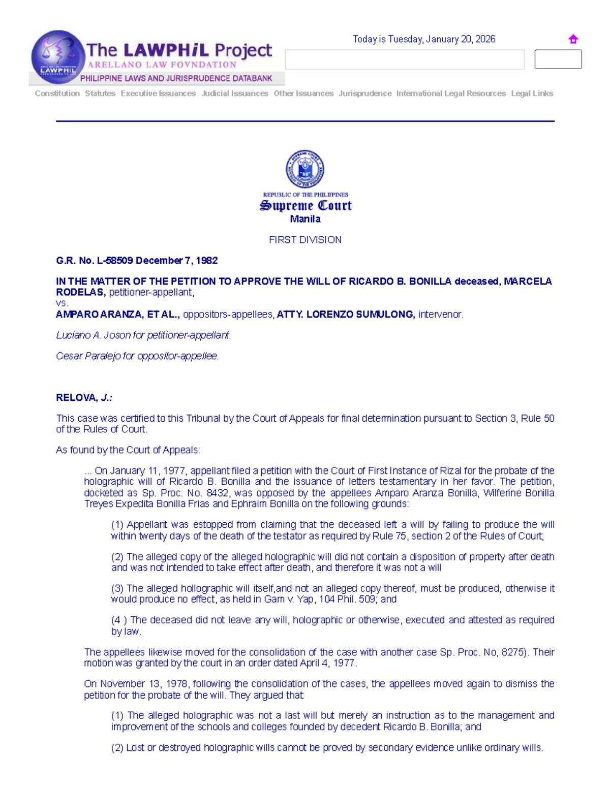 G.R. No. L-58509 - Petition for Probate of Ricardo B. Bonilla's Will ...