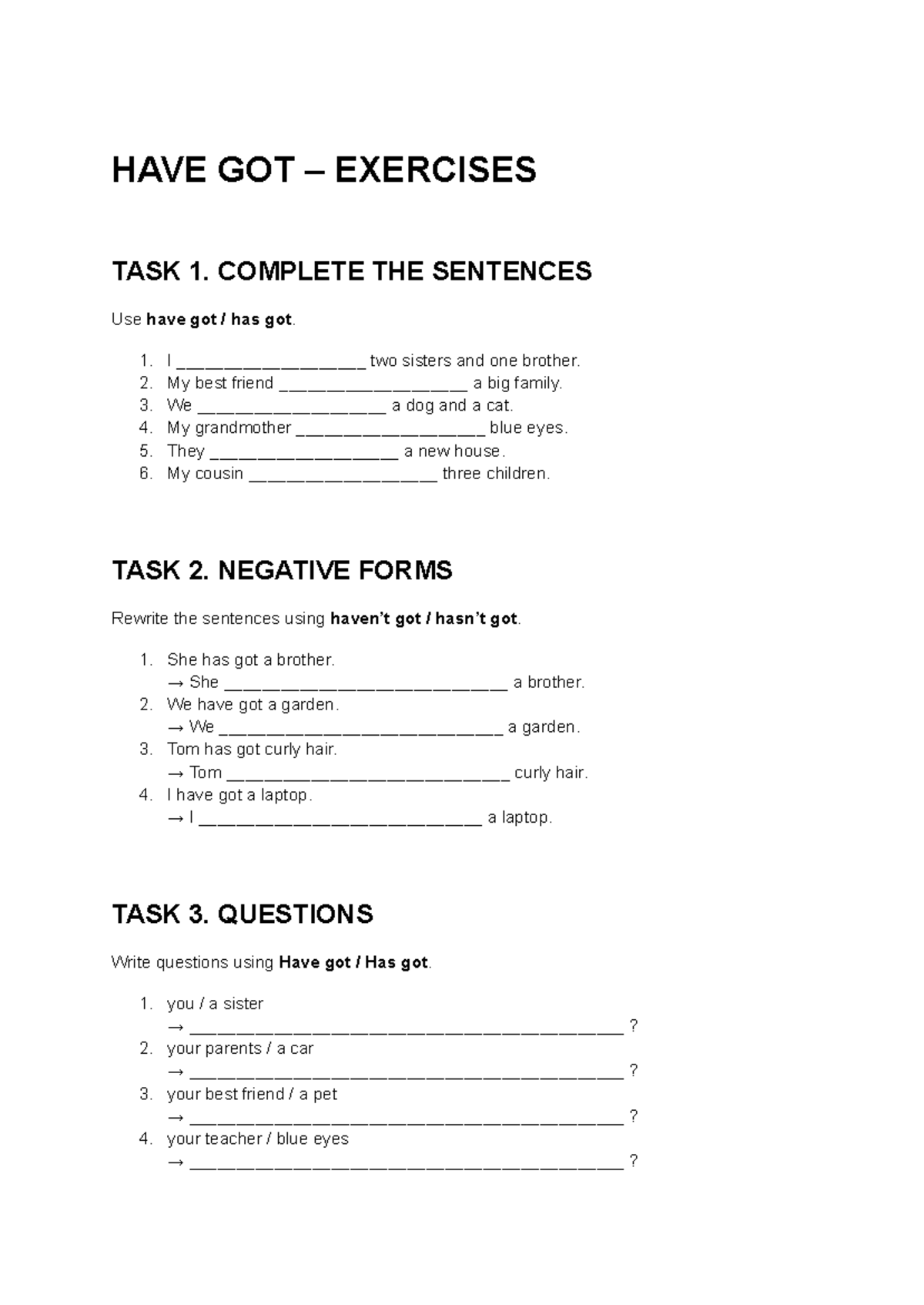 Have Got Exercises - Task 1, 2 & 3 - Studocu