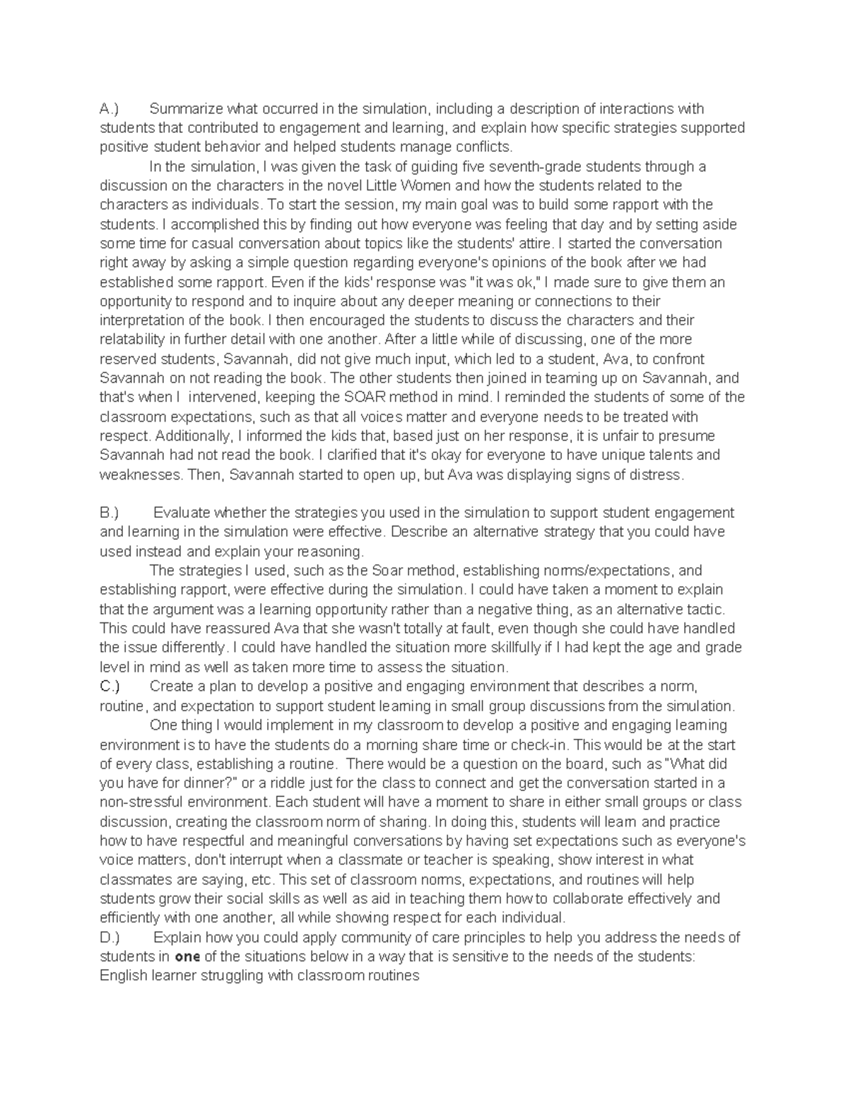 D661 Task One: Strategies for Enhancing Student Engagement and Conflict - Studocu