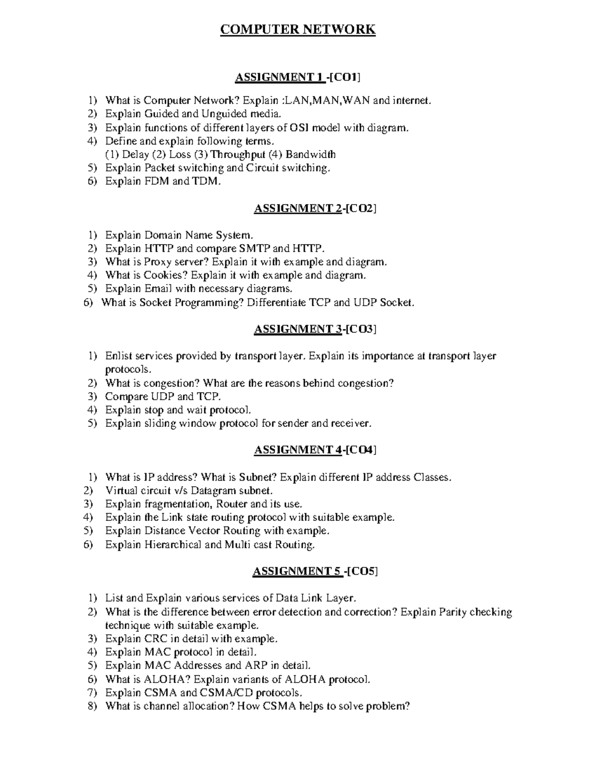 COMPUTER NETWORKS Assignments Q Bank [CO1-CO5] with Key Concepts - Studocu