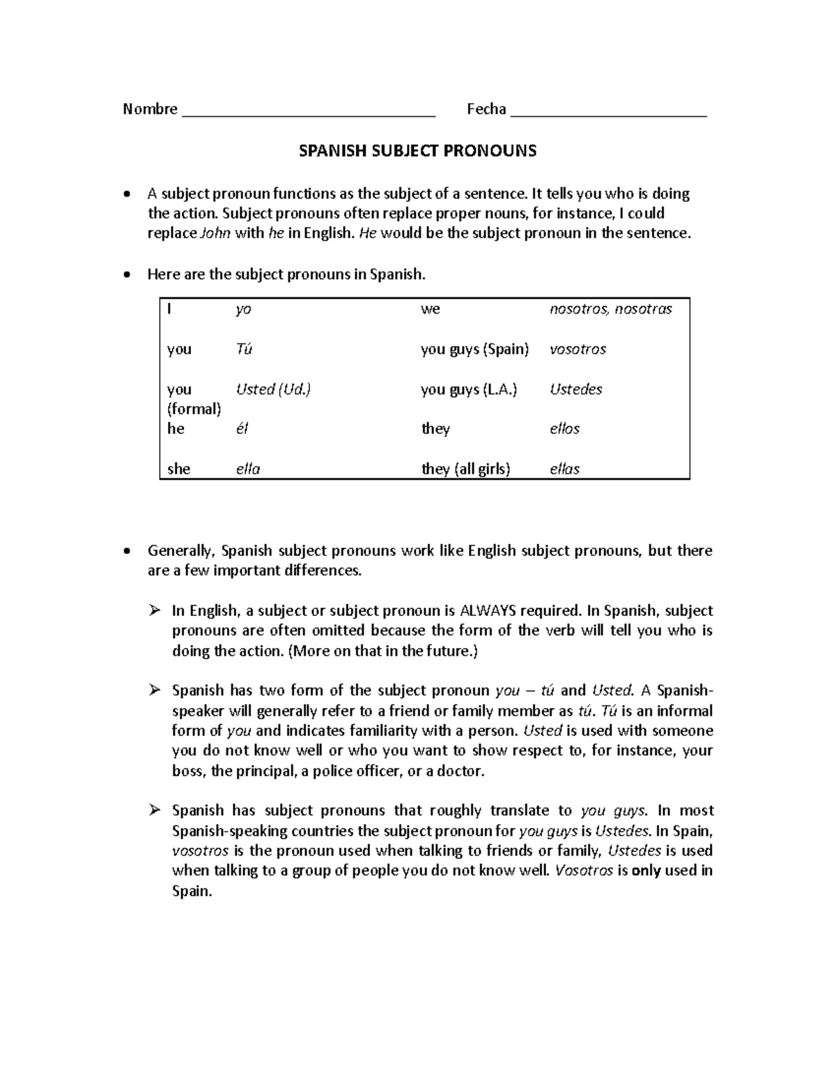 Subject Pronouns In English And Spanish