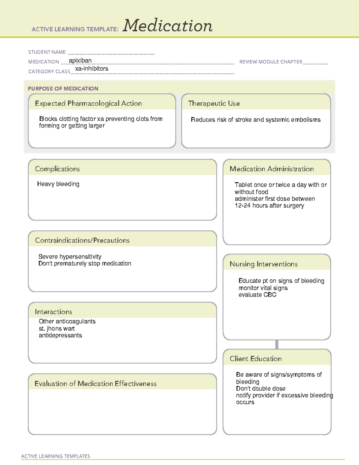 ACTIVE LEARNING TEMPLATE: Apixaban Medication Review Module - Studocu