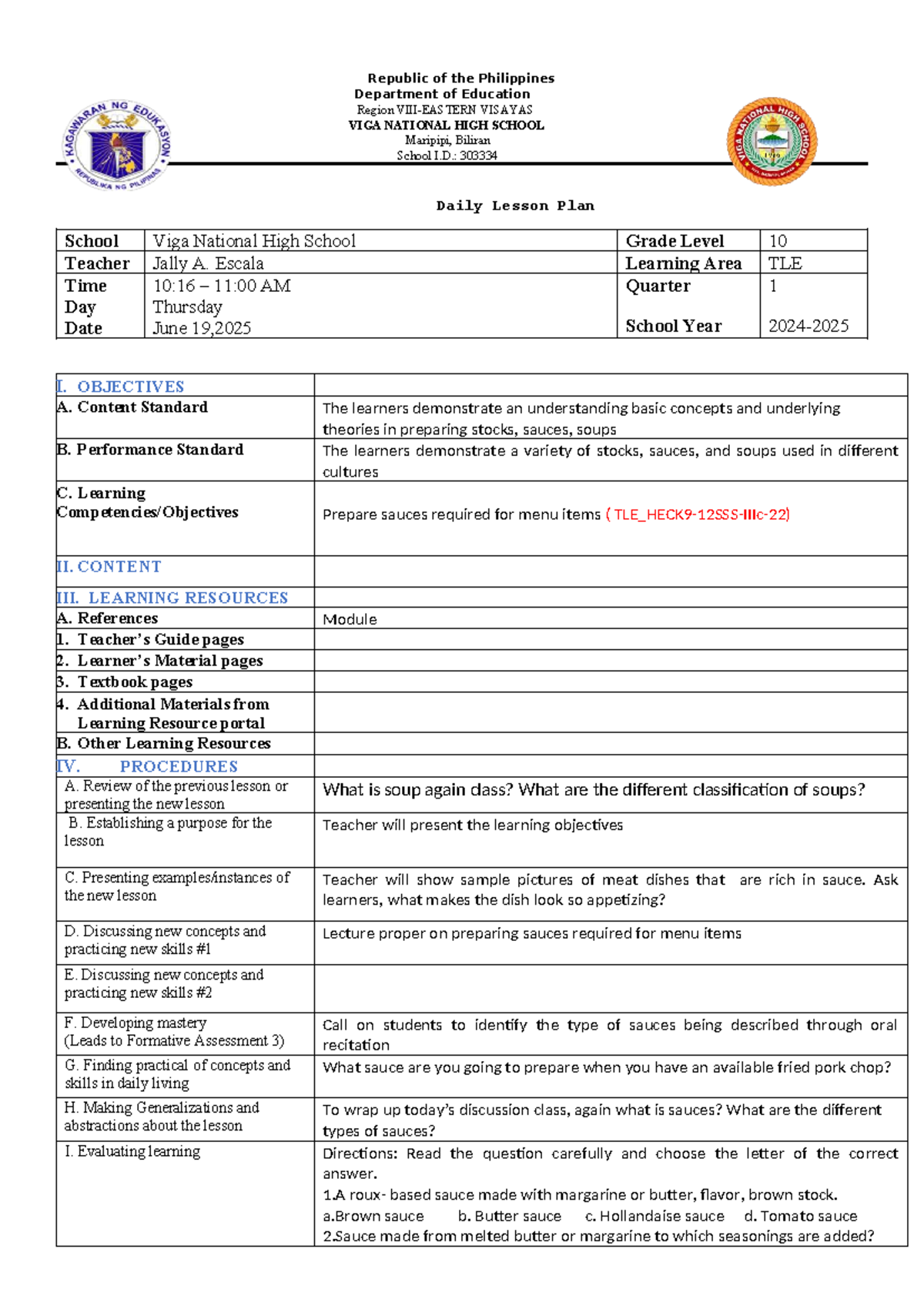 TLE 10 Daily Lesson Plan: Stocks, Sauces, and Soups (LP-19) - Studocu