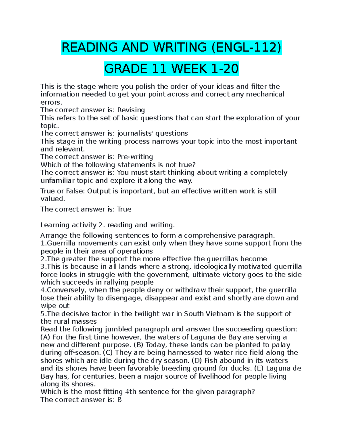 Reading and Writing ENGL 112 Grade 11 Week 1 20 - READING AND WRITING ...