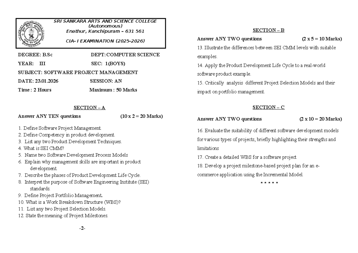 B.Sc Computer Science - Software Project Management Exam Paper - Studocu