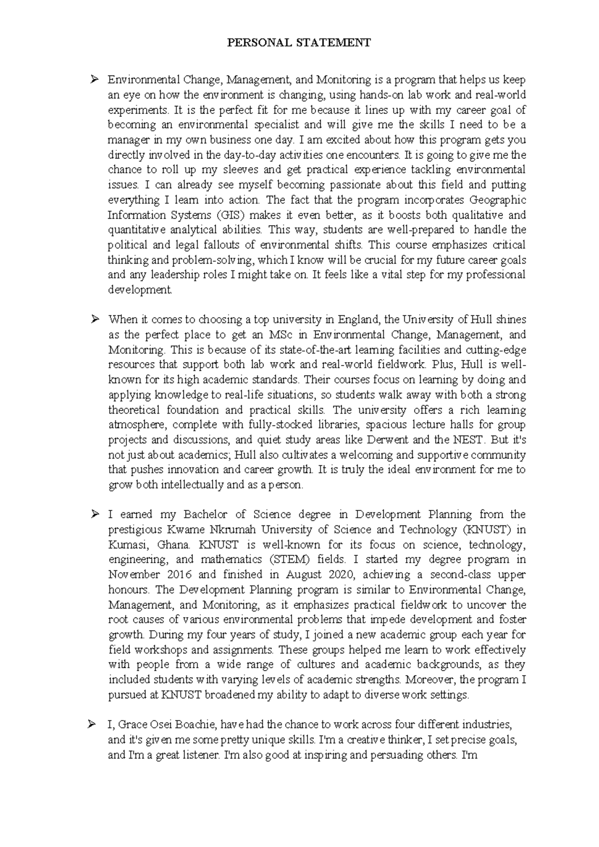 Personal Statement: MSc in Environmental Change, Management ...