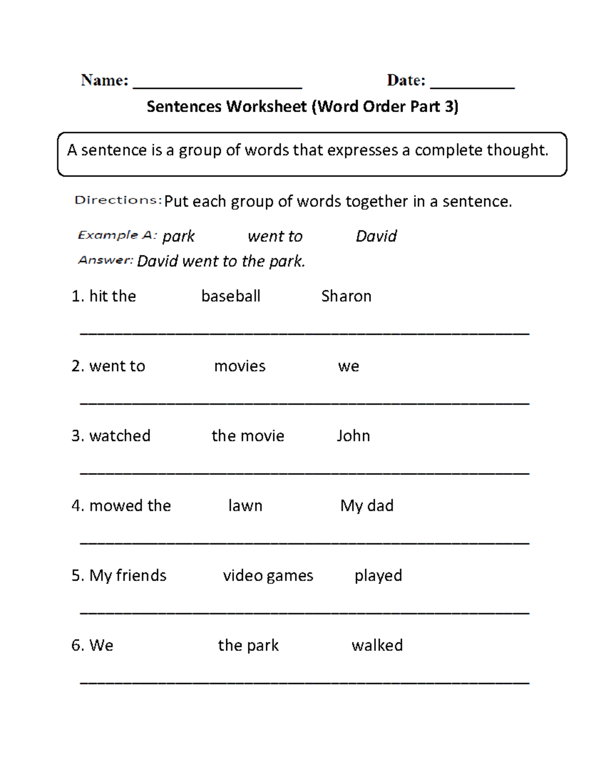 Sentence Worksheet for Grade 1 - education - Sentences Worksheet (Word ...