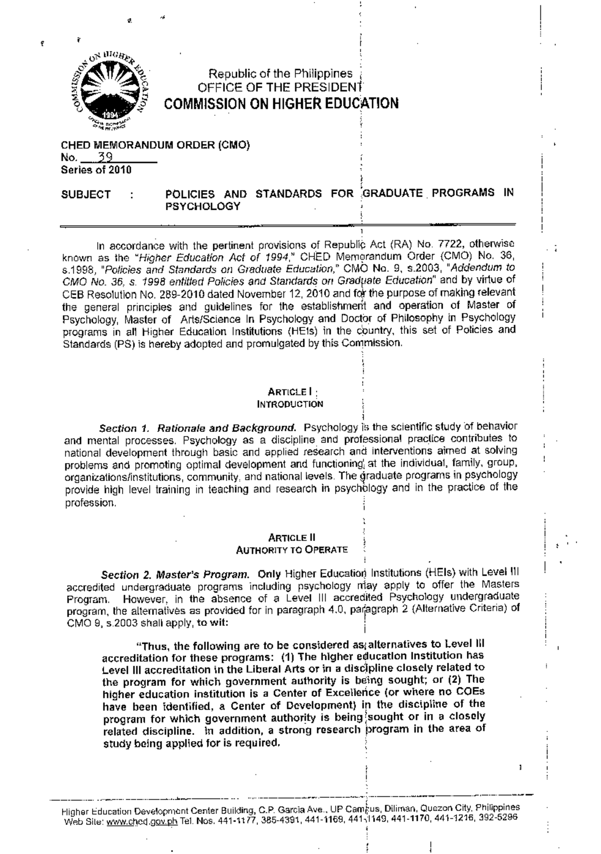 CHED CMO 39 s2010: Grad Programs in Psychology Policies and Standards ...