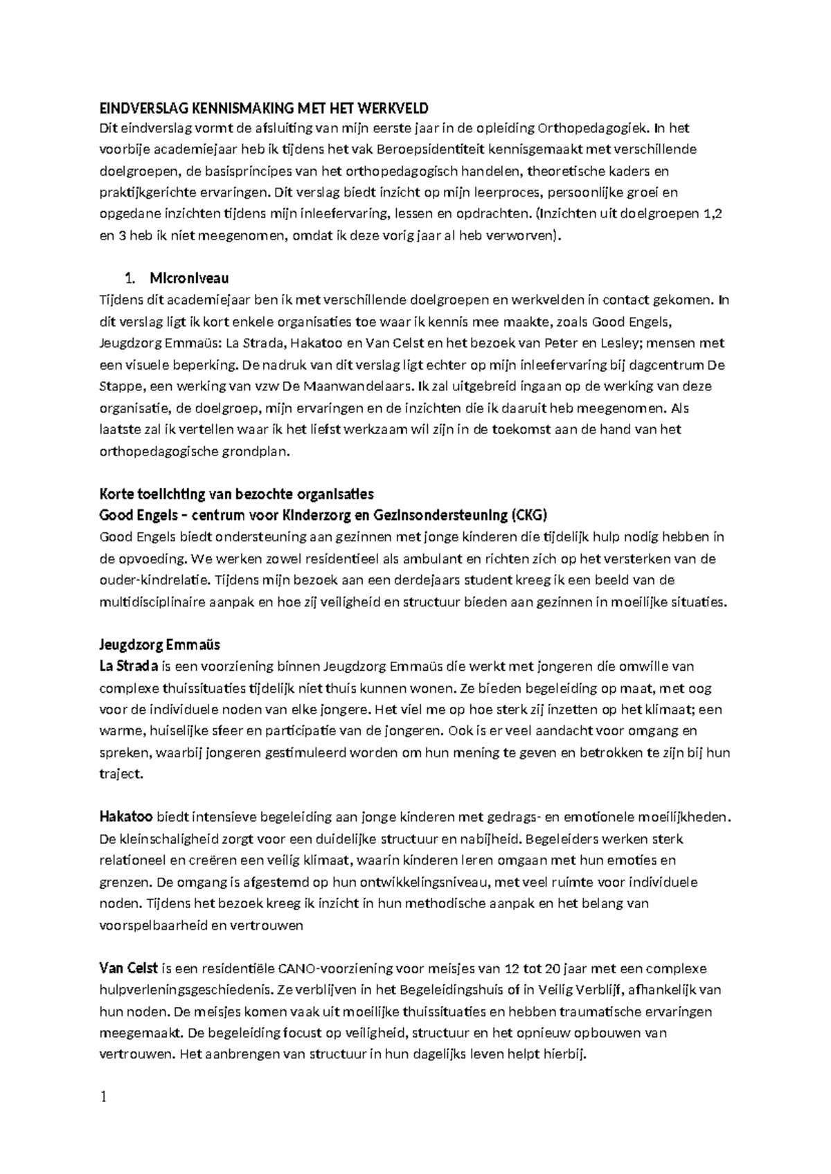 Eindverslag Orthopedagogiek: Kennis uit Het Werkveld en Ervaringen ...