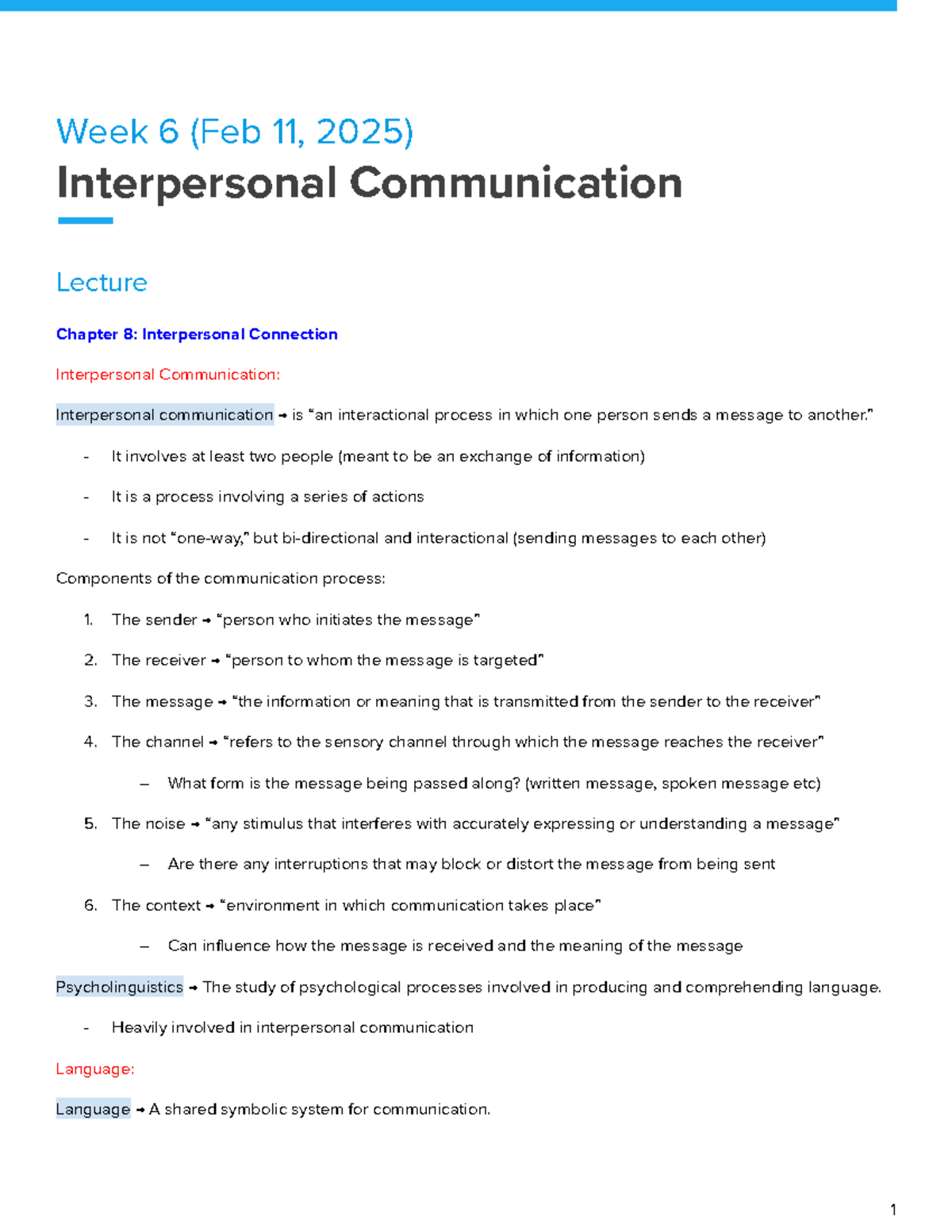 Week 6 (Feb 11) Interpersonal Communication Lecture: Chapter 8 Insights ...