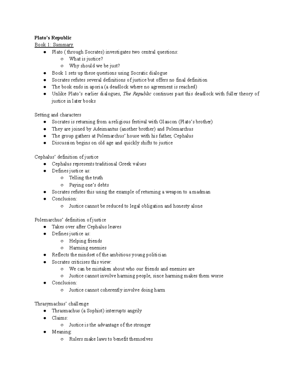 PHI 2183 - Class Notes: Summary of Plato's Republic and Beyond - Studocu