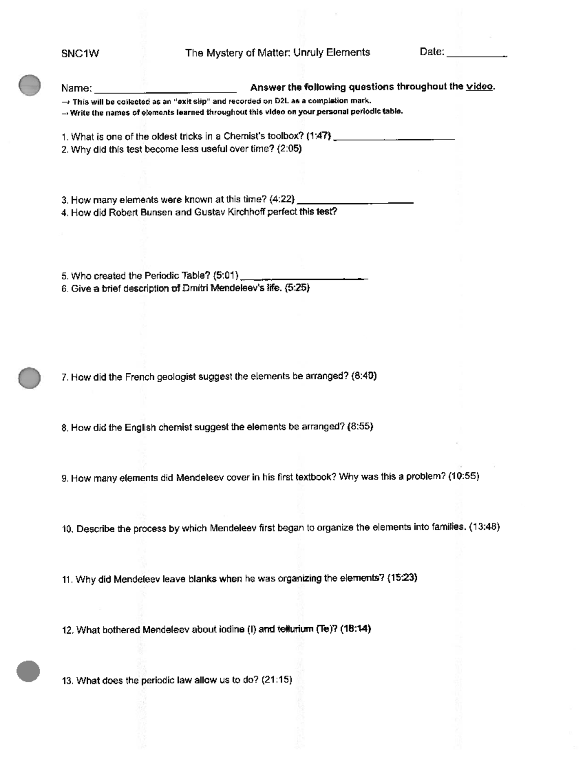 SNC1W Final Exam: The Mystery of Matter - Element Worksheet - Studocu