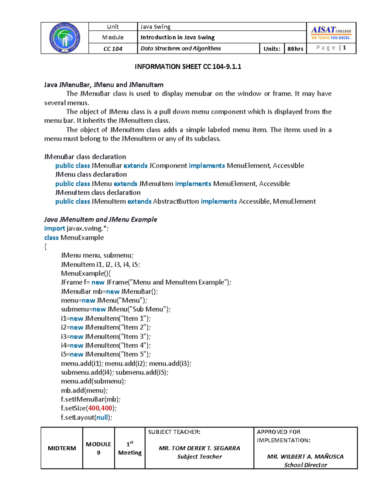 TTS-Module 9-CC 104 - Notes - Module Introduction in Java Swing CC 104 ...