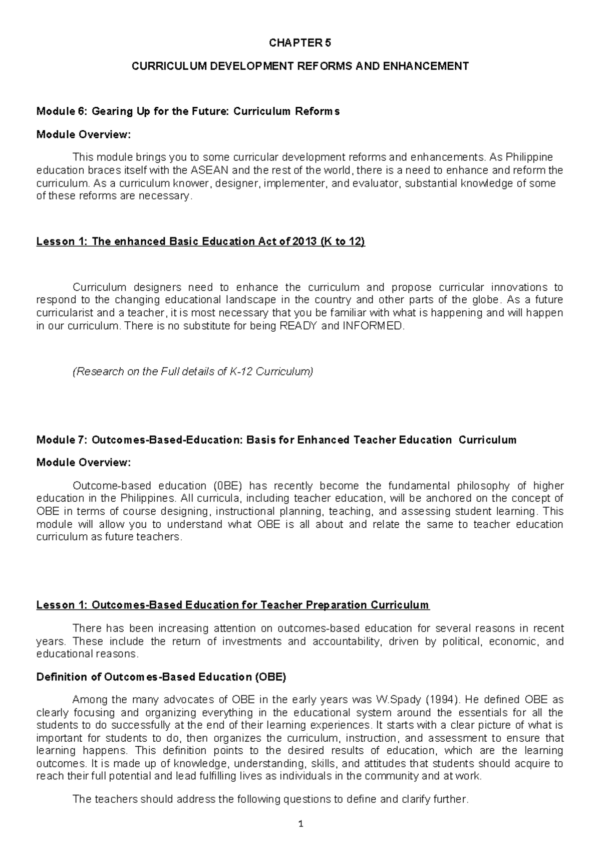 Chapter 5: Curriculum Development Reforms & OBE Notes (Modules 6-8 ...