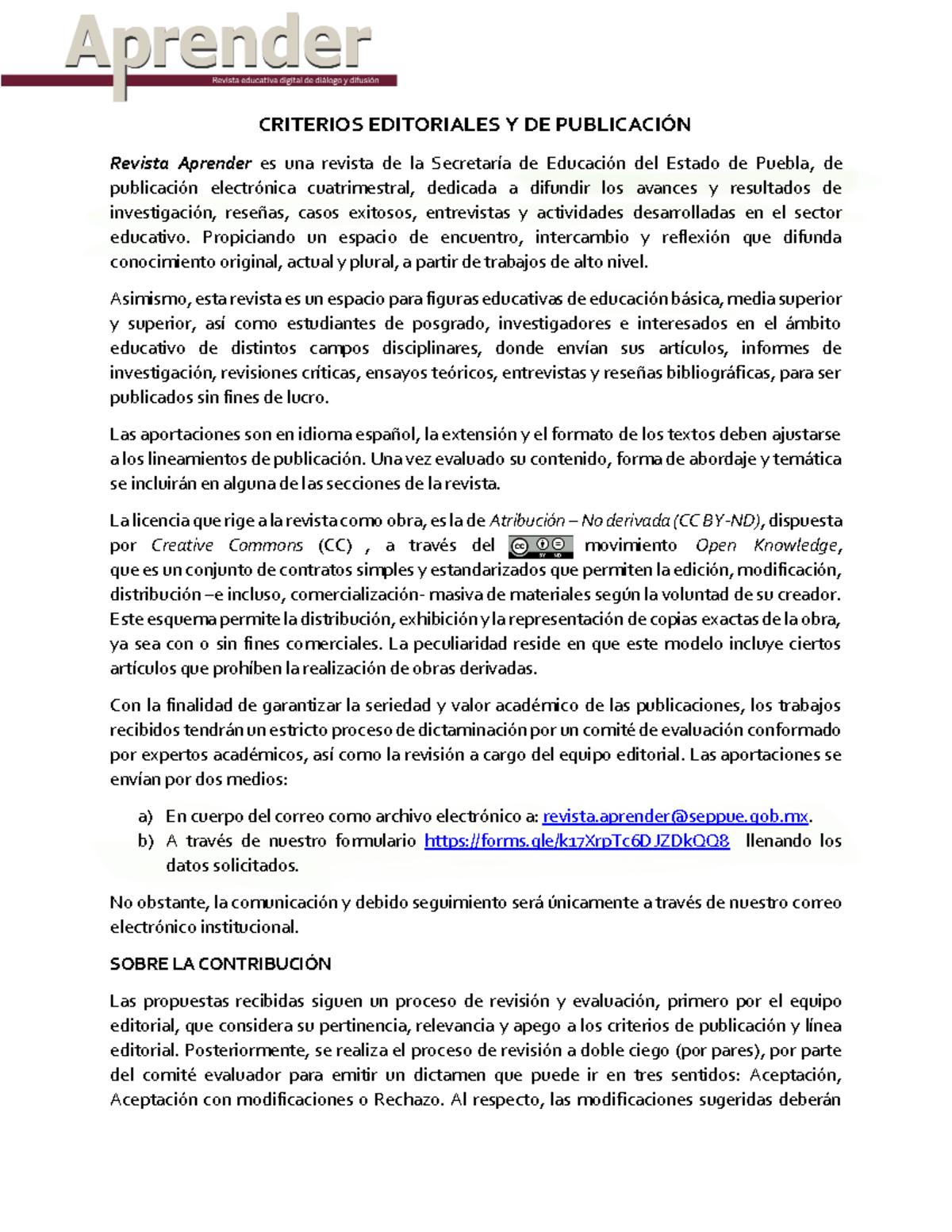 Criterios para publicar Revista Aprender 2023 - CRITERIOS EDITORIALES Y DE PUBLICACIÓN Revista ...