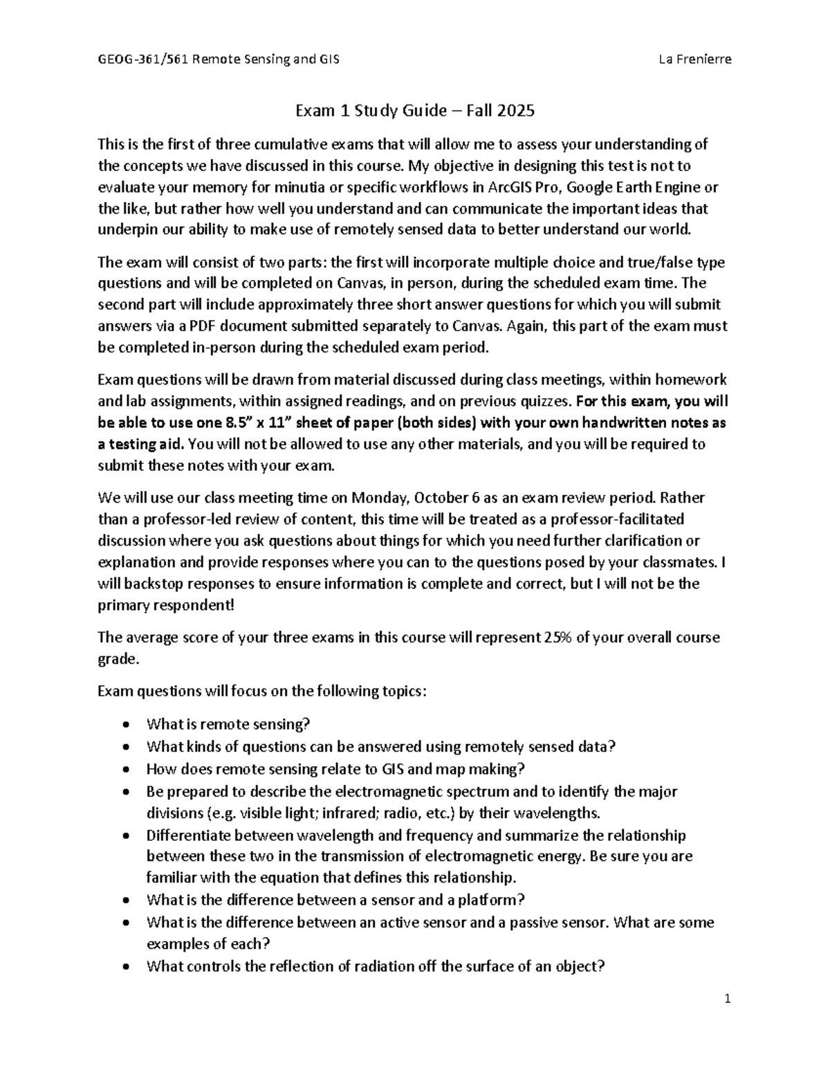 GEOG-361/561 Exam 1 Study Guide: Key Concepts in Remote Sensing and GIS ...
