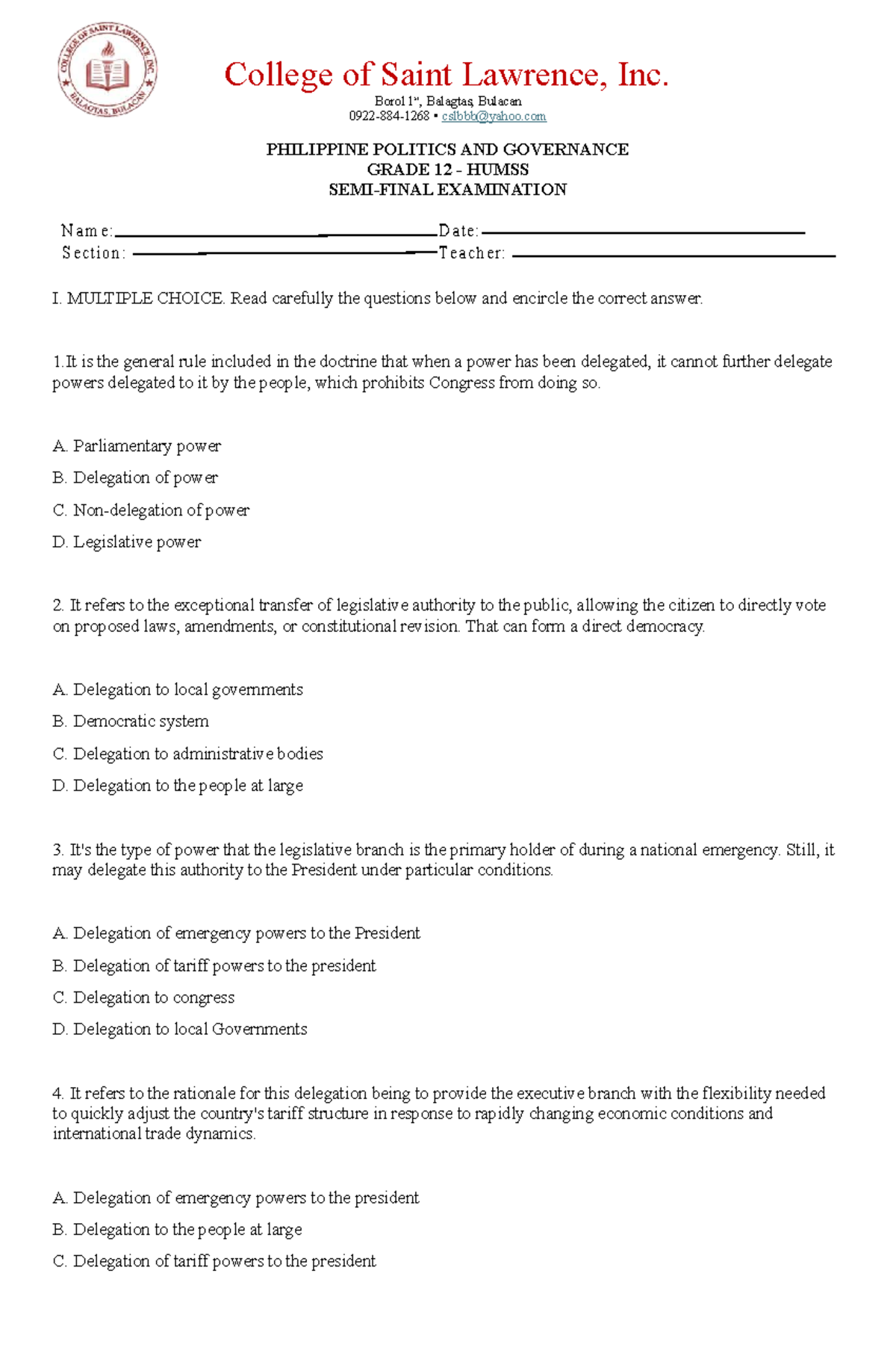 PHILIPPINE POLITICS AND GOVERNANCE GRADE 12 HUMSS 2ND PRELIM EXAM - Studocu