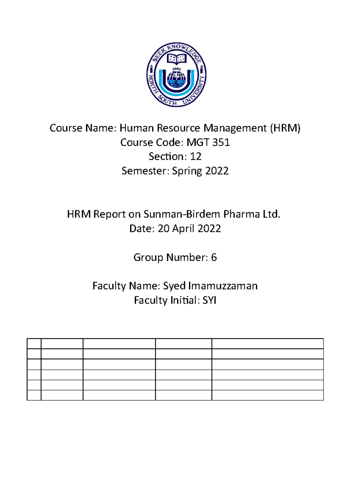 MGT 351 HRM Report on Sunman-Birdem Pharma Ltd. - Group 6 Final - Studocu