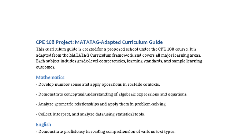 CPE 108 Project: Matatag Curriculum Guide Overview - Studocu