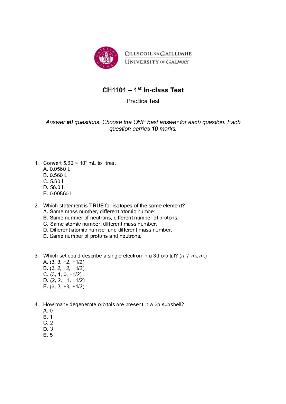 CH1101 1st Test Practice Questions and Answers - Studocu