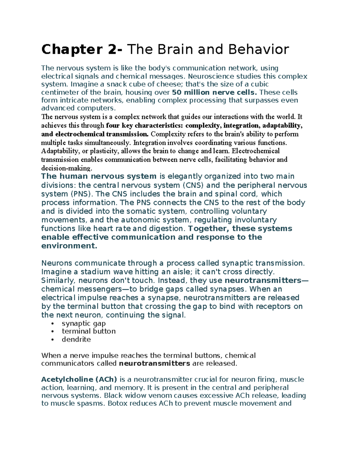 Understanding the Nervous System: Key Concepts and Functions (PSY 101) - Studocu