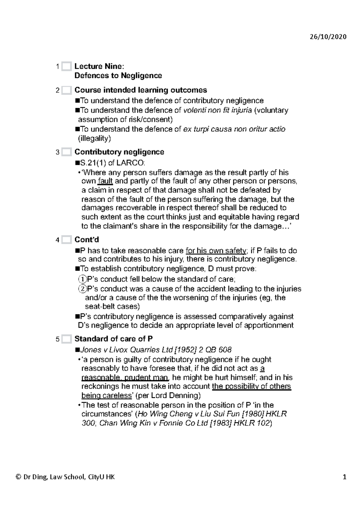Law of Tort (Defences) - Lecture Nine: Defences to Negligence Course ...