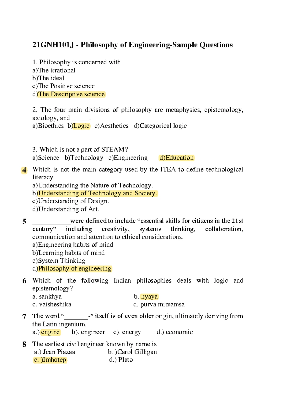 21GNH101J Philosophy of Engineering - Internal Exam Questions ...