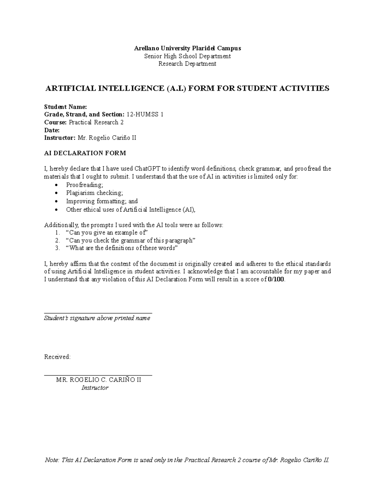 AI Declaration Form for Practical Research 2 - Clarifications - Studocu