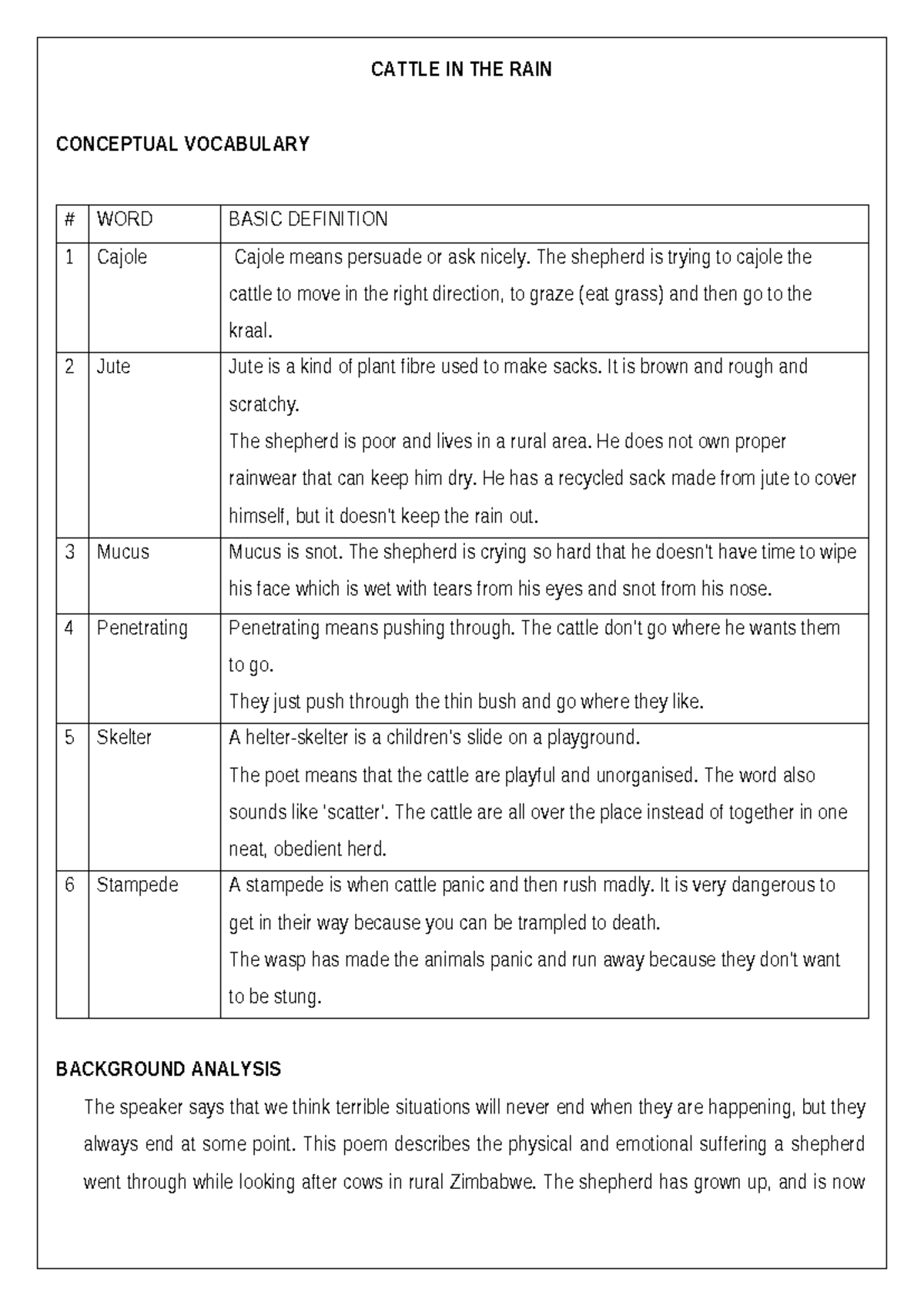 Cattle in the Rain: Poem Analysis and Conceptual Vocabulary (ENG 101 ...