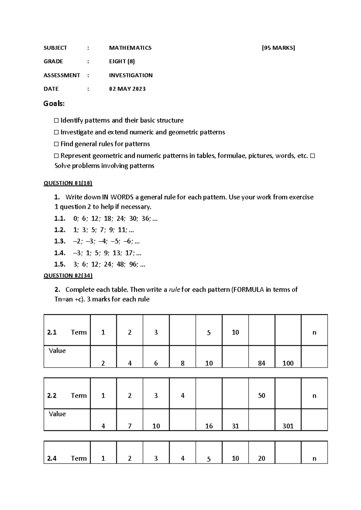 Mathematics Grade 8 Investigation Assessment - Pattern Analysis - Studocu