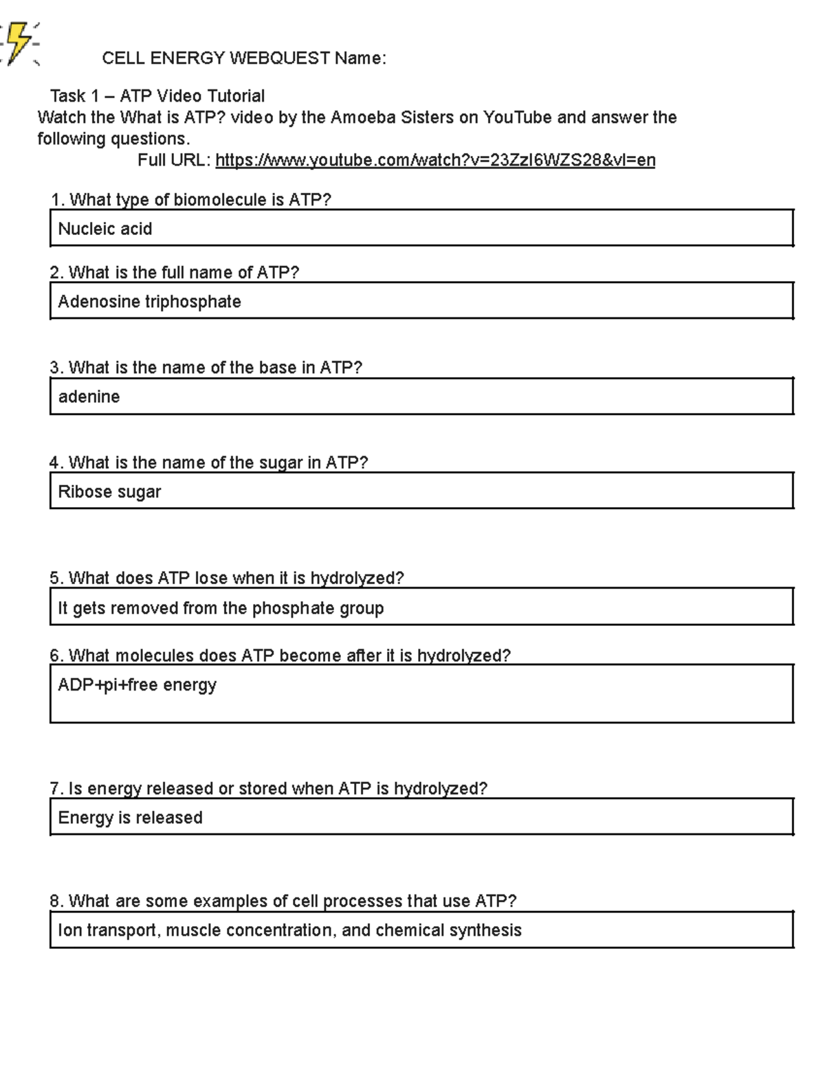 Cell Energy Webquest - CELL ENERGY WEBQUEST Name: Task 1 – ATP Video ...