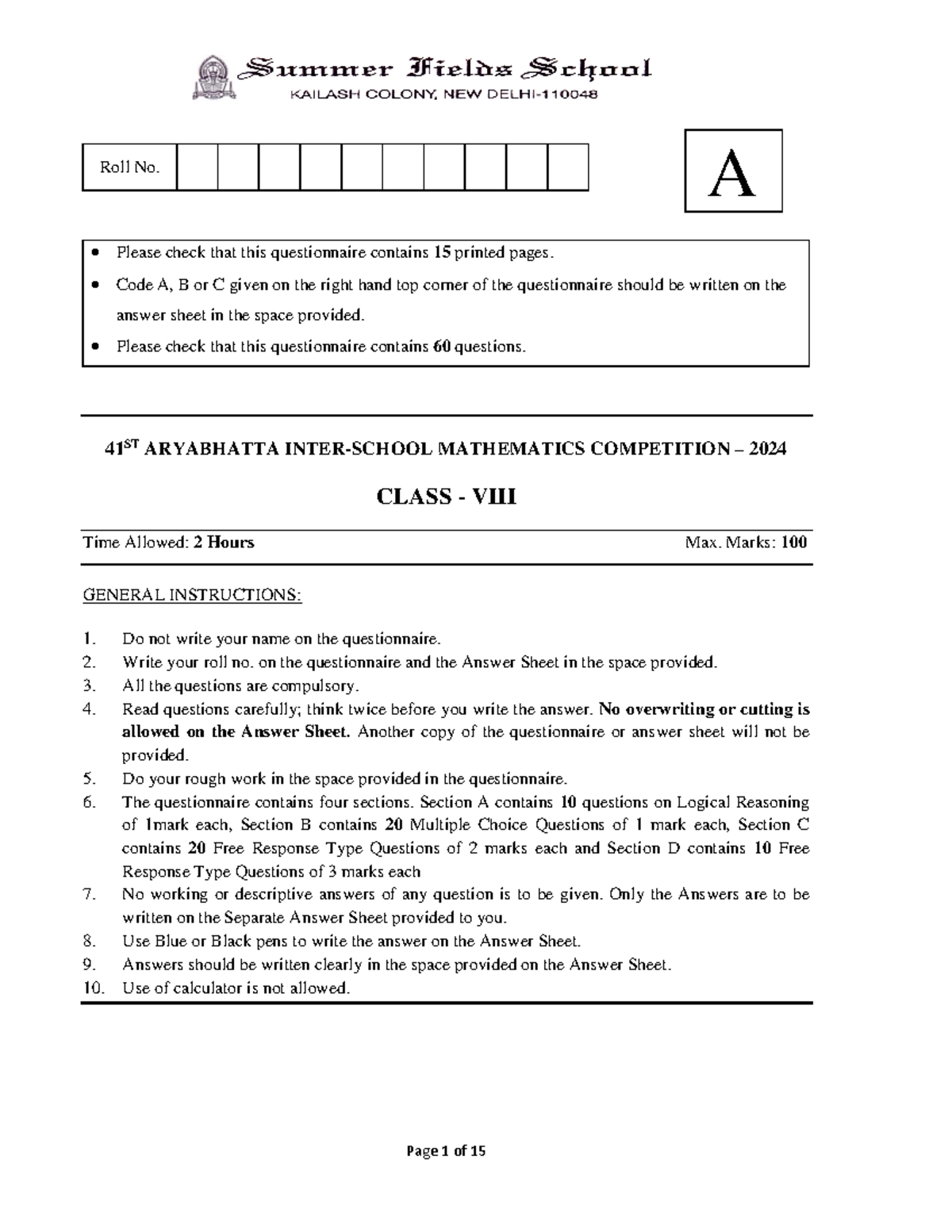 Aryabhatta Mathematics Competition 2024 - Set A Questionnaire - Studocu
