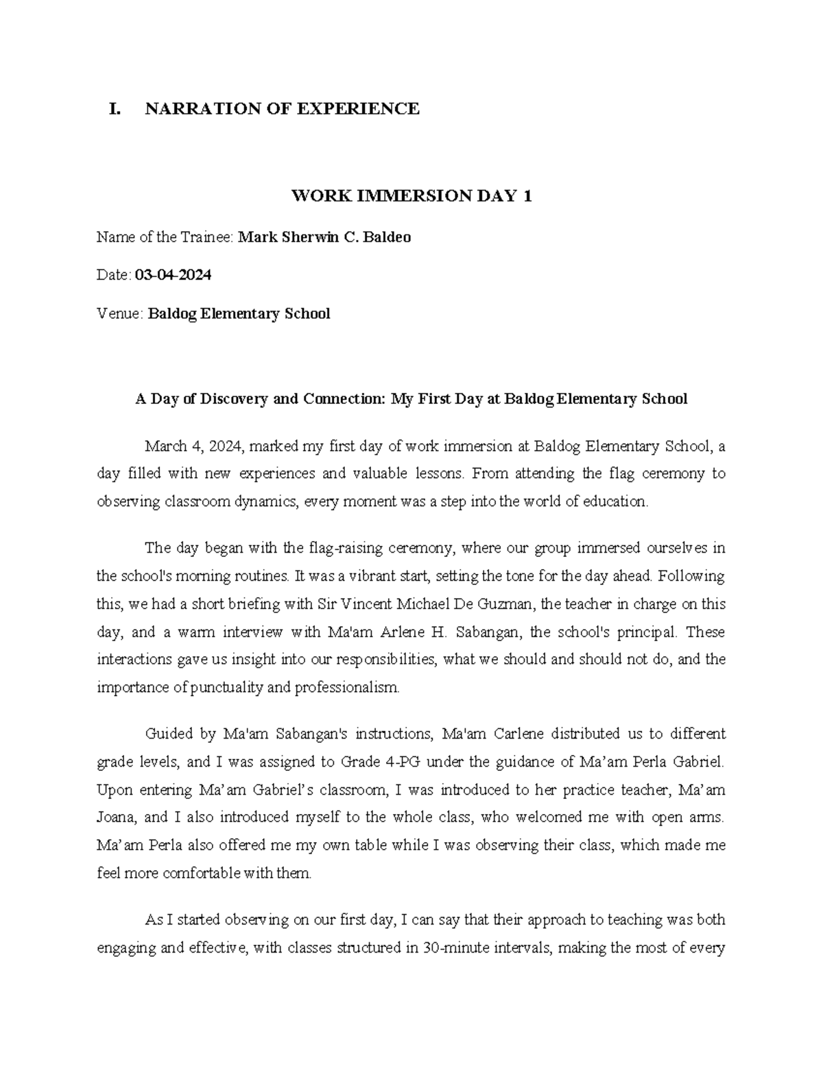 Work Immersion Experience: Insights and Reflections (Final Report ...