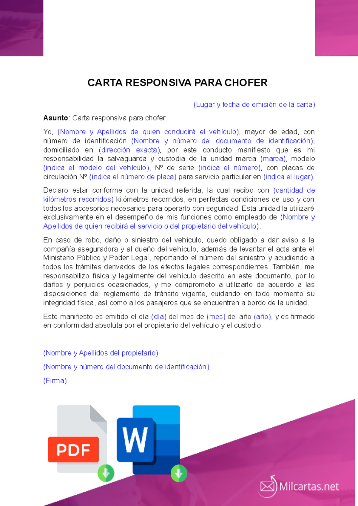 Carta Responsiva Vehicular Formatos Y Ejemplos Word Para Imprimir Carta