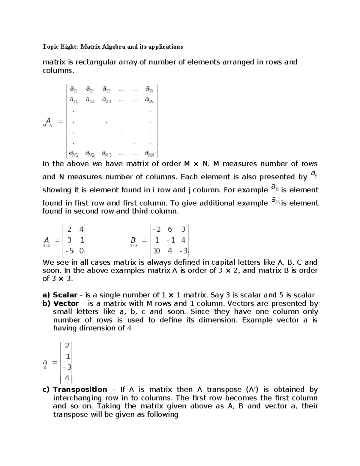 Topic Eight: Matrix Algebra and Its Applications - Notes - Studocu