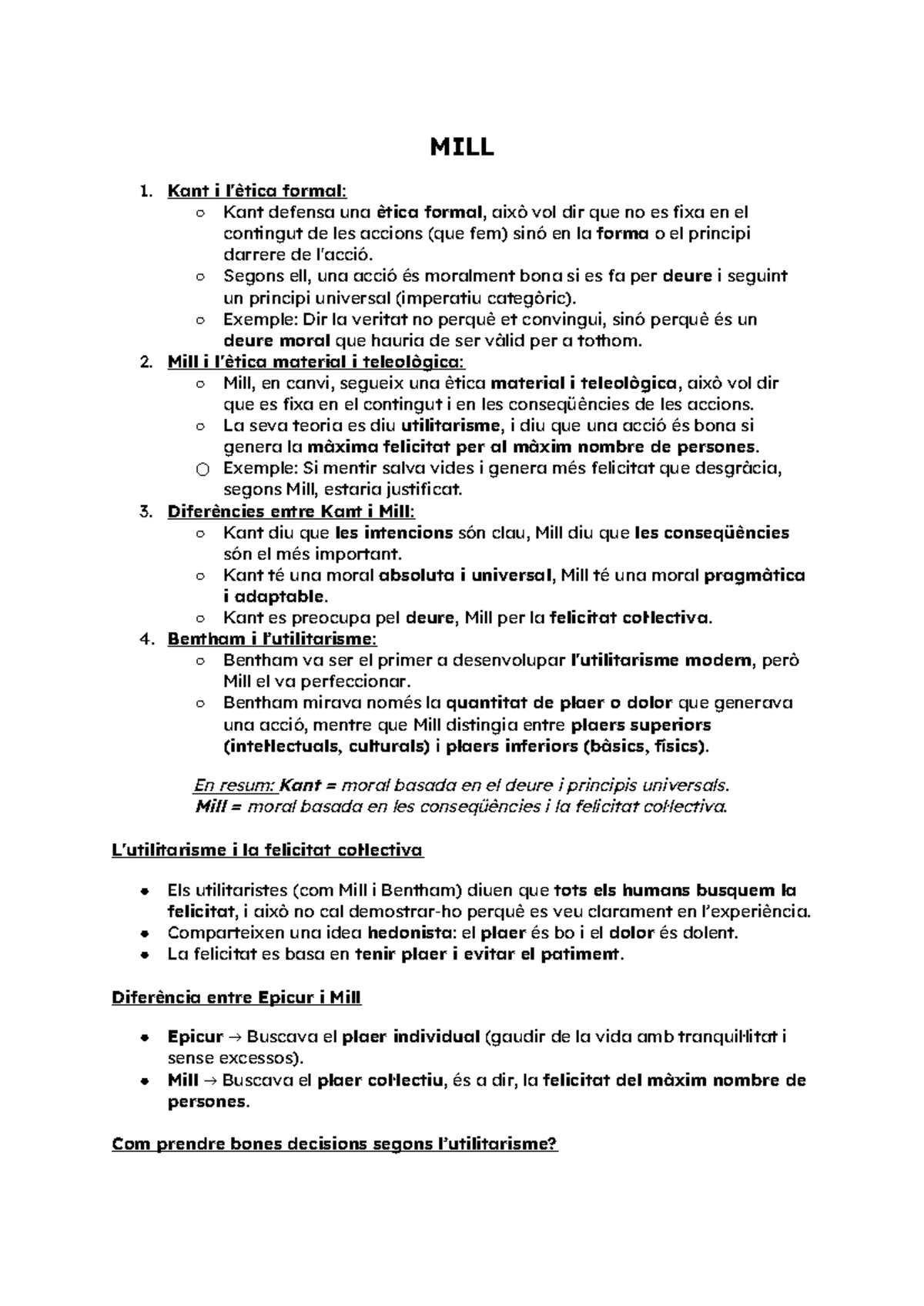 MILL Examen - Resum sobre Kant i Mill per Selectivitat - Studocu