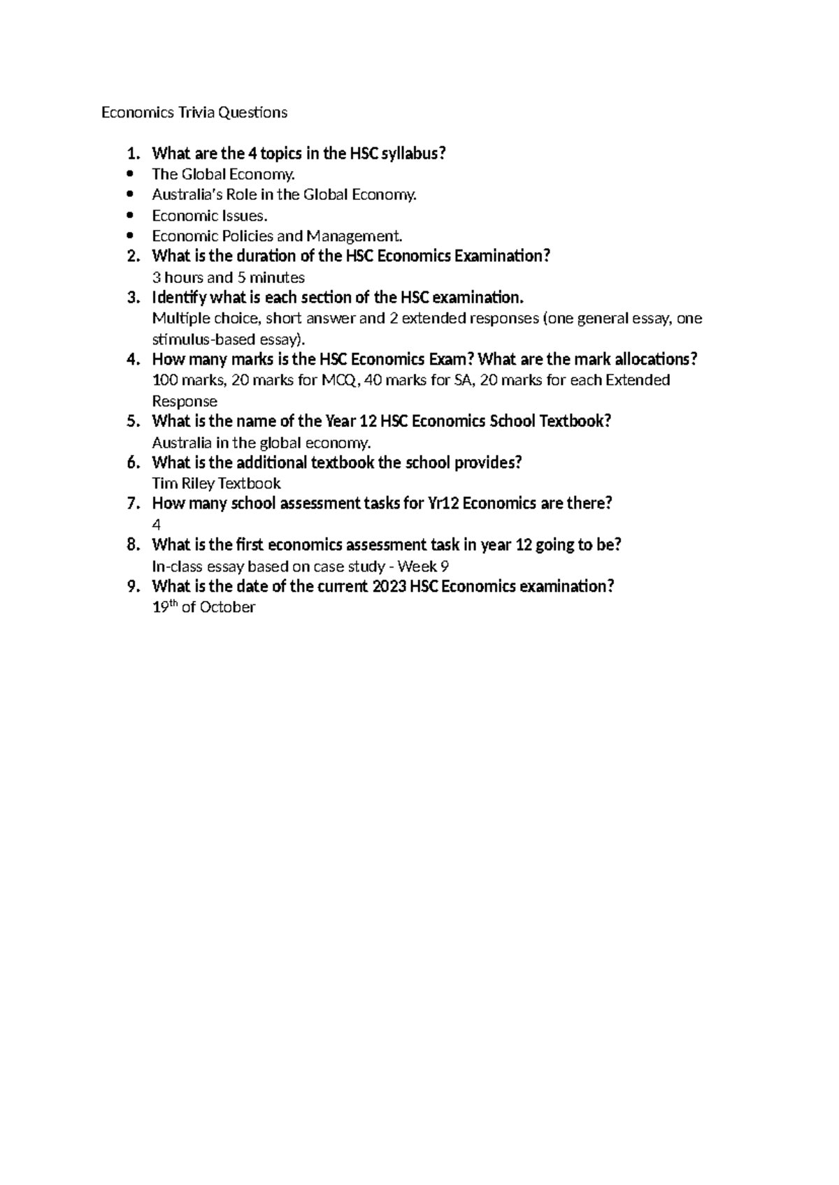 HSC Economics Trivia Questions & Exam Details for 2023 - Studocu