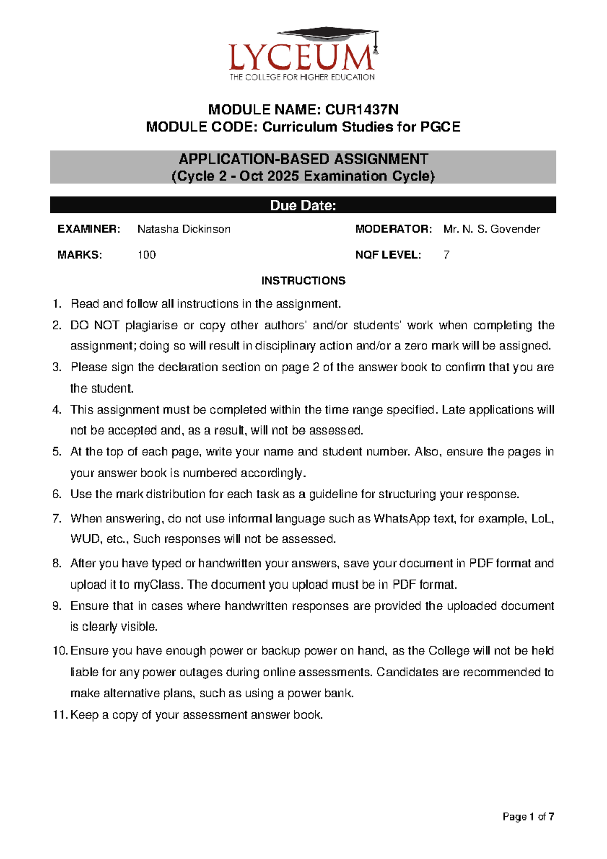 Application-Based Assignment CUR1437N C2 24: Curriculum Studies for ...