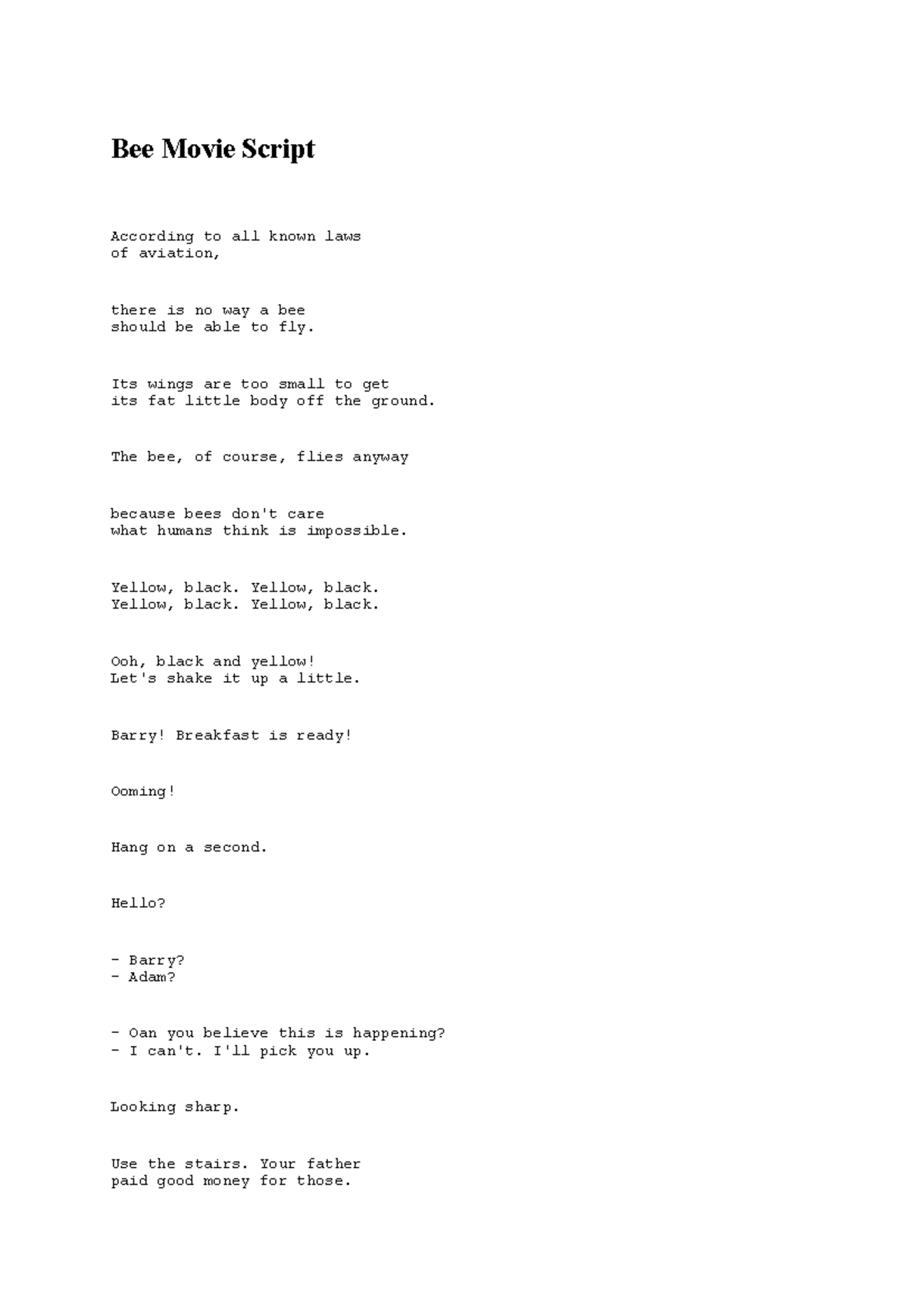 Bee Movie Script: A Humorous Journey Through Bee Life - Studocu